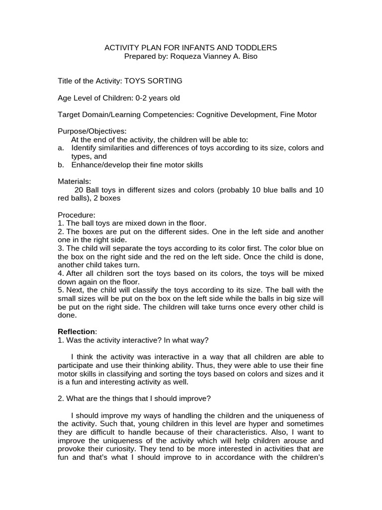 Activity Plan For Infants and Toddlers (Biso) | PDF | Toys | Curiosity