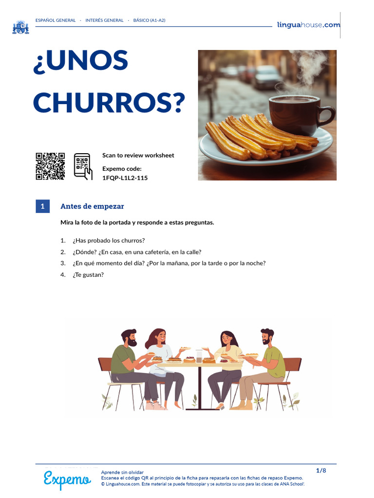 Unos Churros Castellano Spanish Student A1 A2 | PDF | Alimentos | Cocina