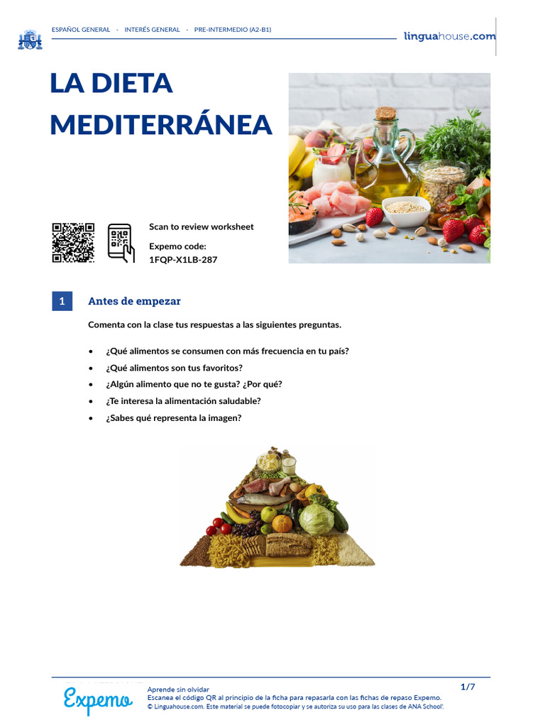 La Dieta Mediterranea Castellano Spanish Student A2 B1 | PDF | Dieta ...