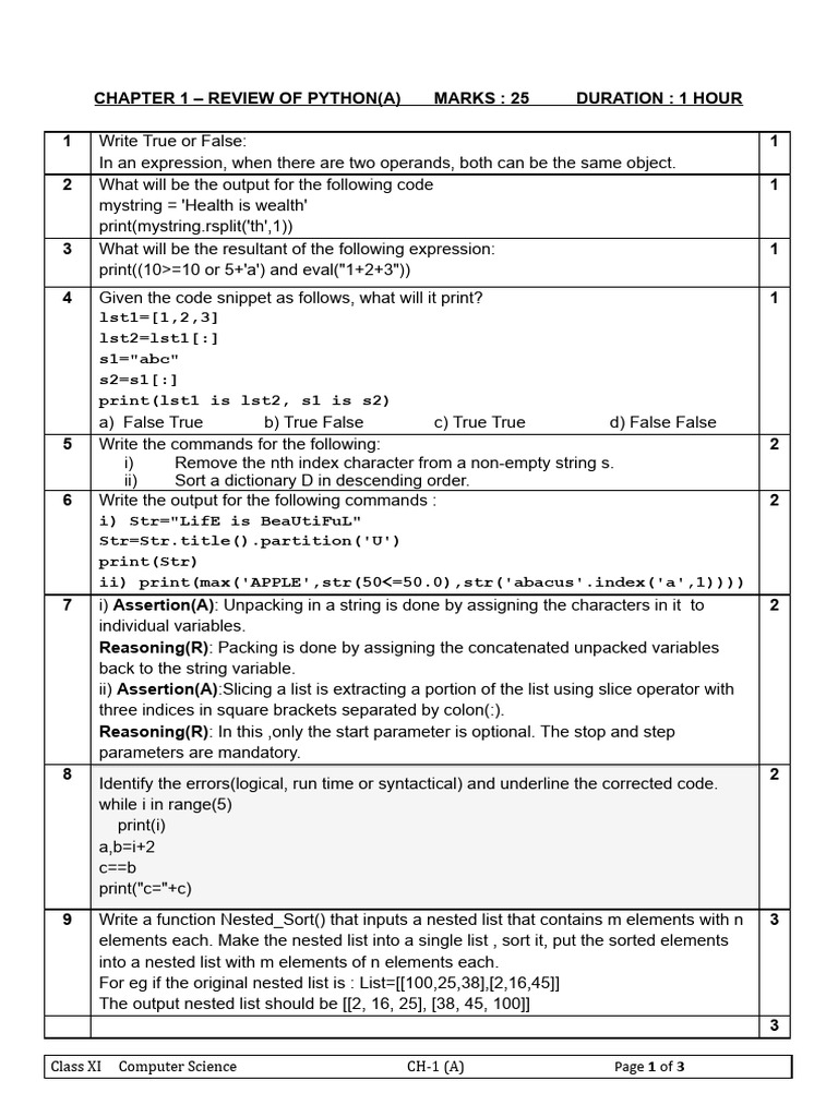 CHENNAI PUBLIC SCHOOL CHAPTER 1 PYTHON REVISION | PDF | Computer Programming | Software Engineering