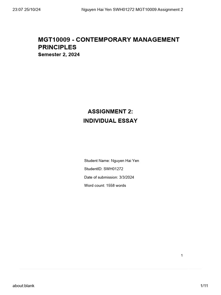 Nguyen Hai Yen SWH01272 MGT10009 Assignment 2 | PDF | Emotions | Leadership