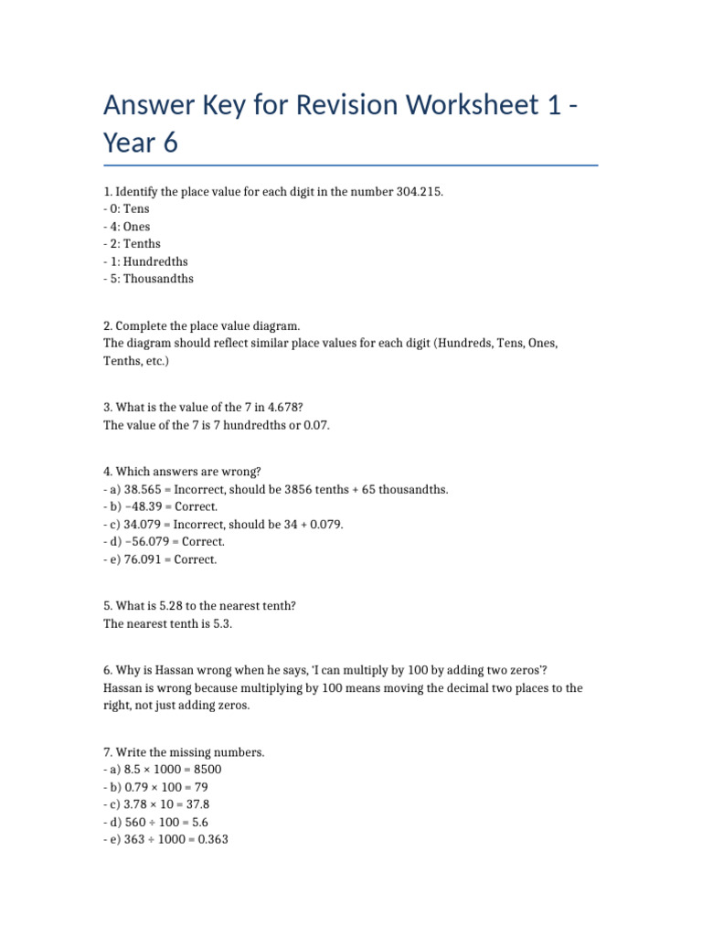 Year 6 Place Value Revision Answers | PDF