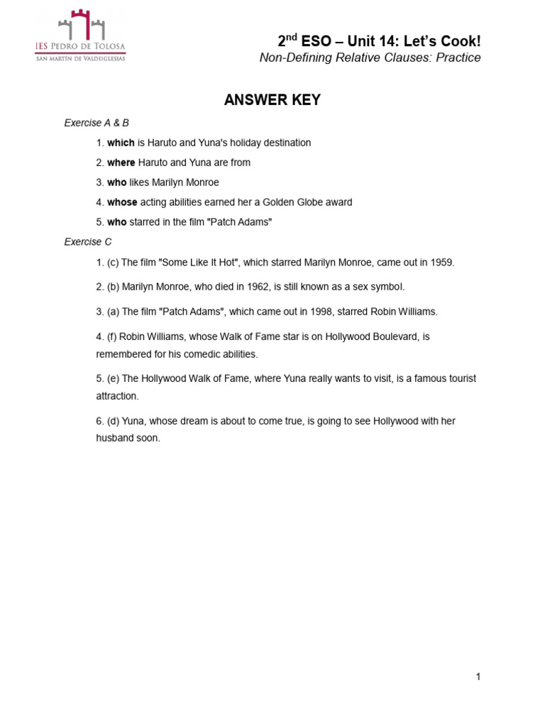 U14 Non-Defining Relative Clauses Practice (ANSWER KEY) | PDF