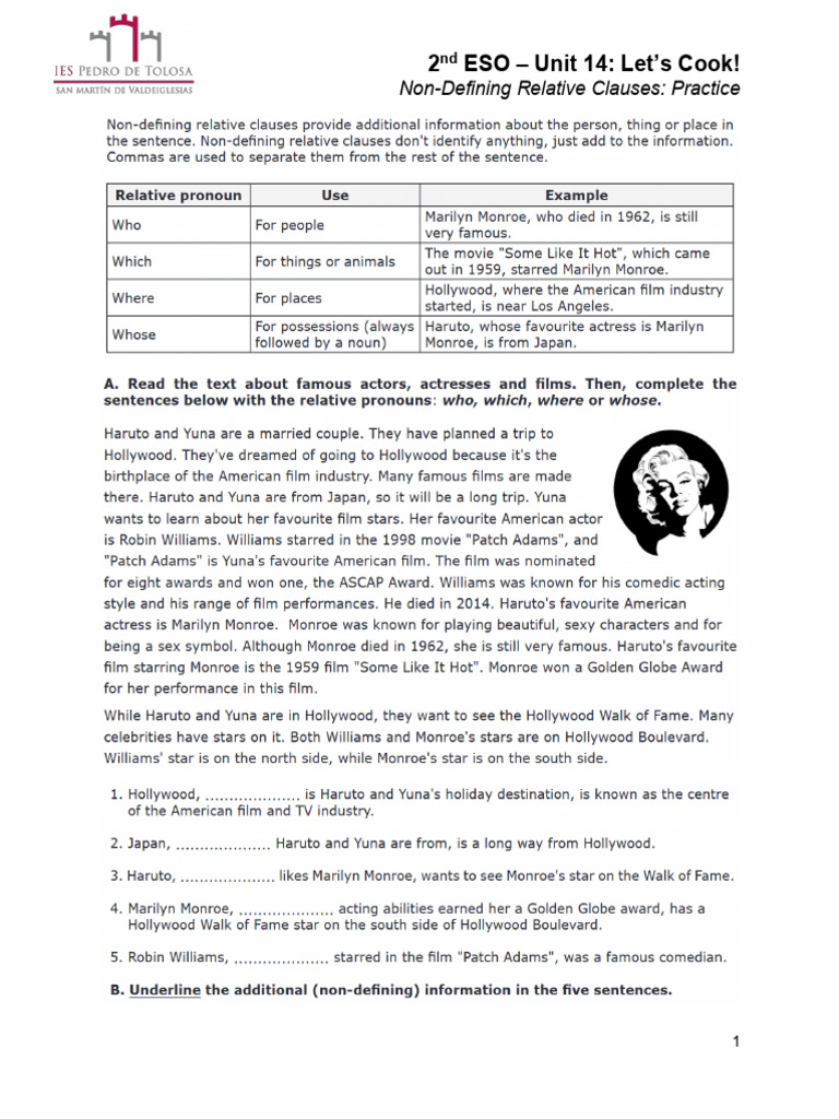 U14 Non-Defining Relative Clauses Practice | PDF