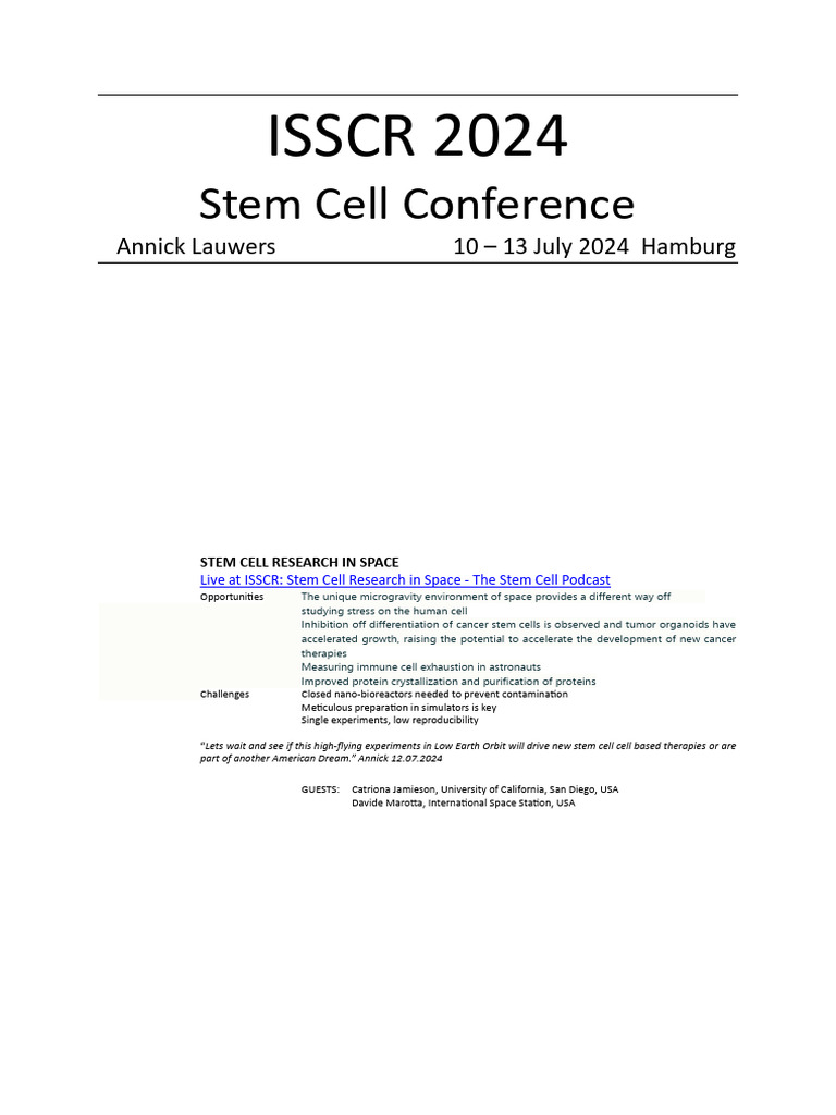 Report - ISSCR2024 - StemCell Conference Hamburg | PDF | Cell Potency | Stem Cell