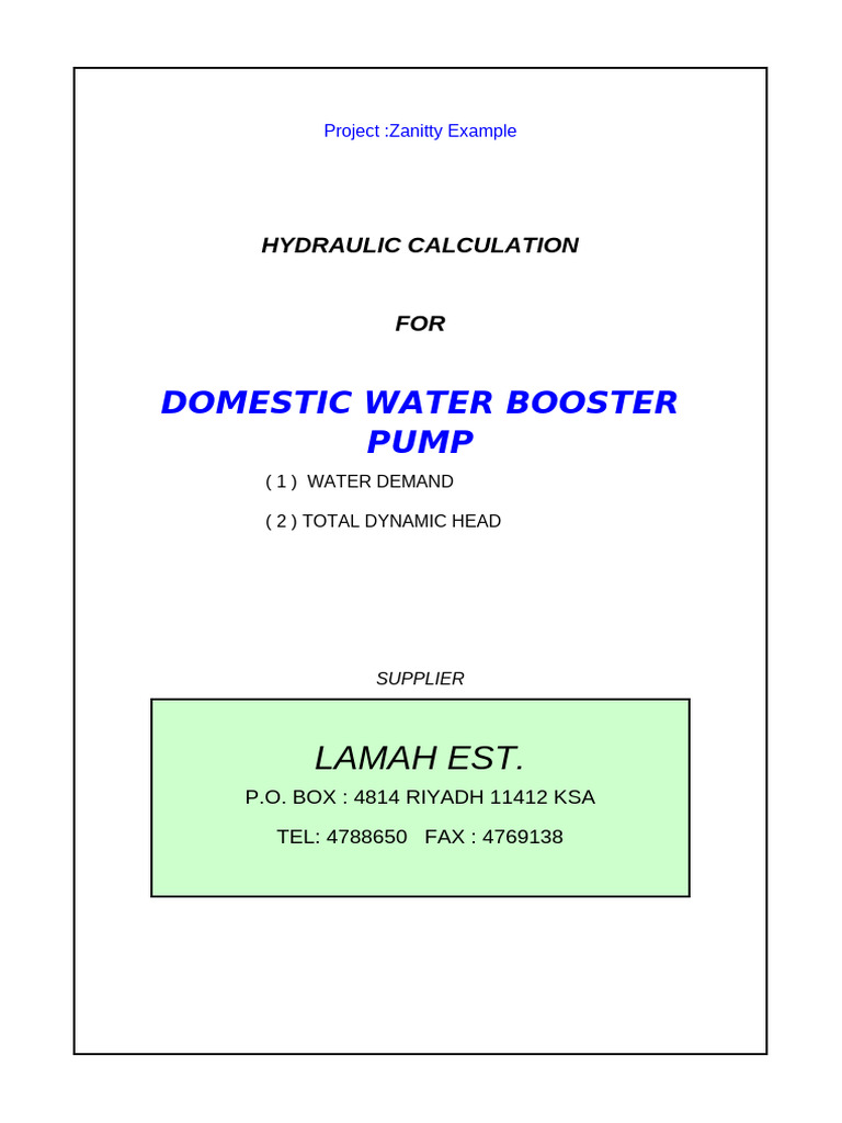 Domestic Water Booster Pump Calculations | PDF | Pipe (Fluid Conveyance) | Toilet