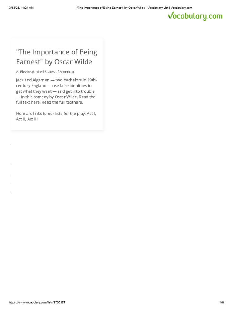 The Importance of Being Earnest - by Oscar Wilde - Vocabulary List ...