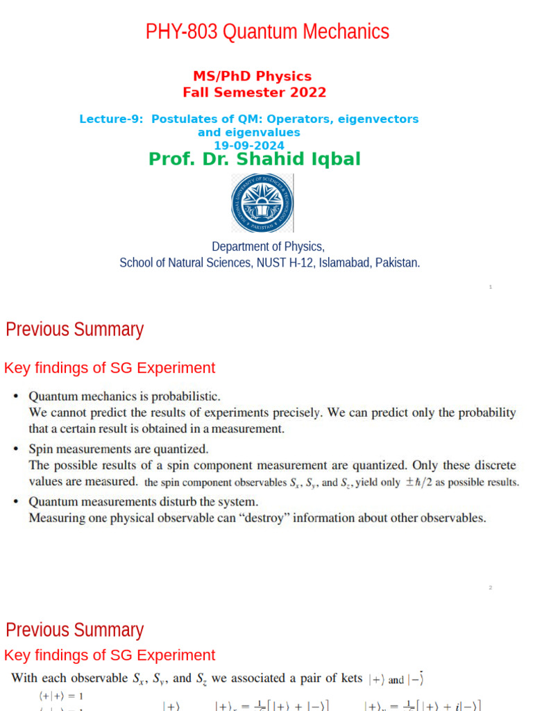 PHY 302 Quantum Mechanics Lect 9 | PDF