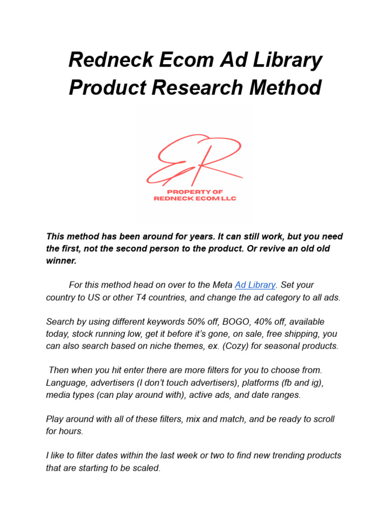 Ecom Redneck Ad Library Product Research Method | PDF