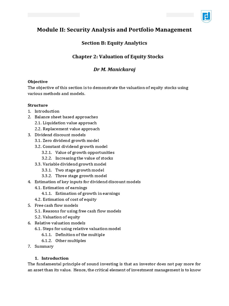 TRSMGT Module II B CH 2 Valuation of Equity Stocks Revised | PDF | Valuation (Finance) | Free ...