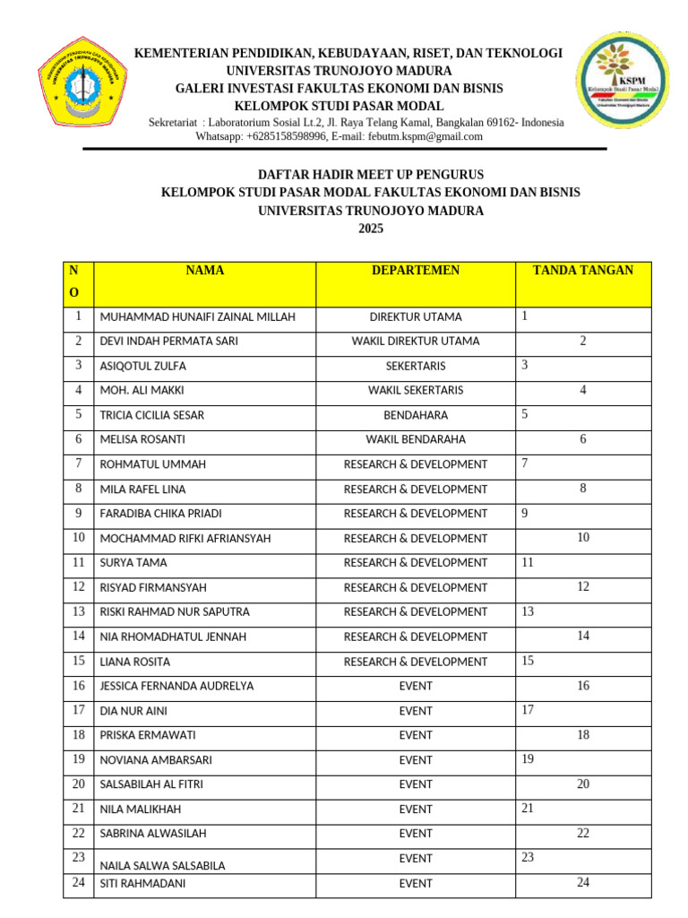 Templet Absensi KSPM 2025 | PDF