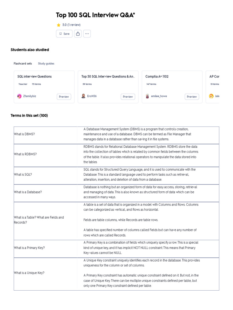 Top 100 SQL Interview Q&A - Flashcards - Quizlet | PDF | Database Index | Databases