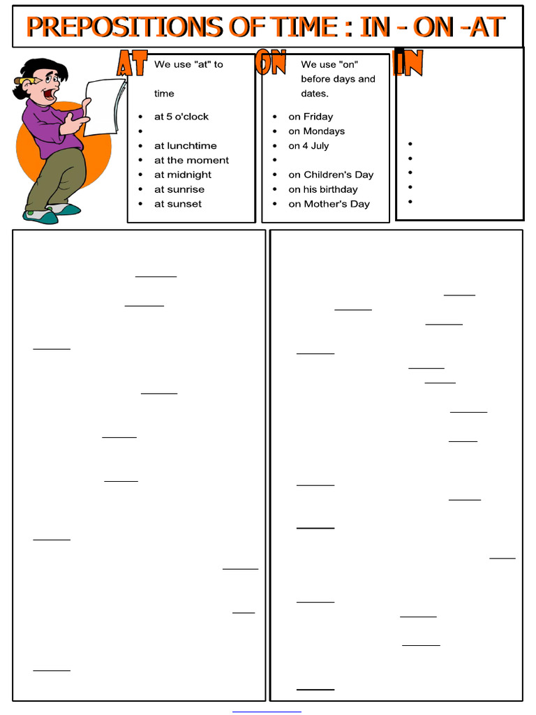 Prepositions of Time in on at Exercises | PDF