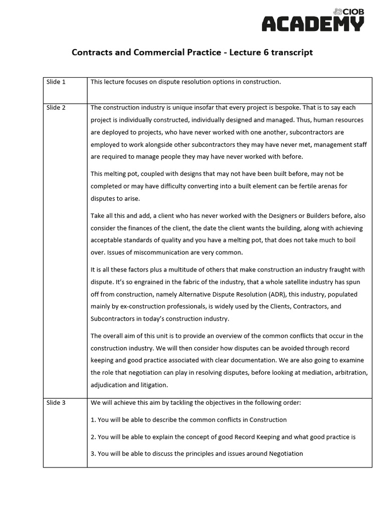 CCP Lecture 6 Transcript | PDF | Arbitration | Mediation