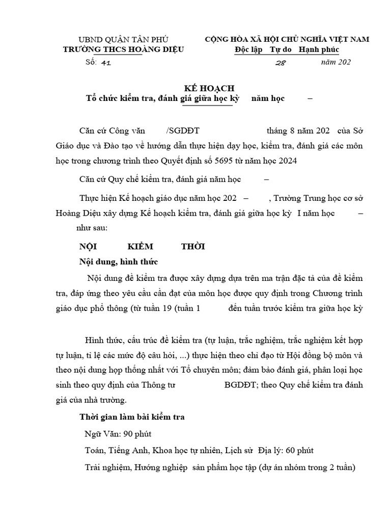 41 28022025 KH Kiem Tra Giua hk2 2425 Cong Khai - 282202515 | PDF