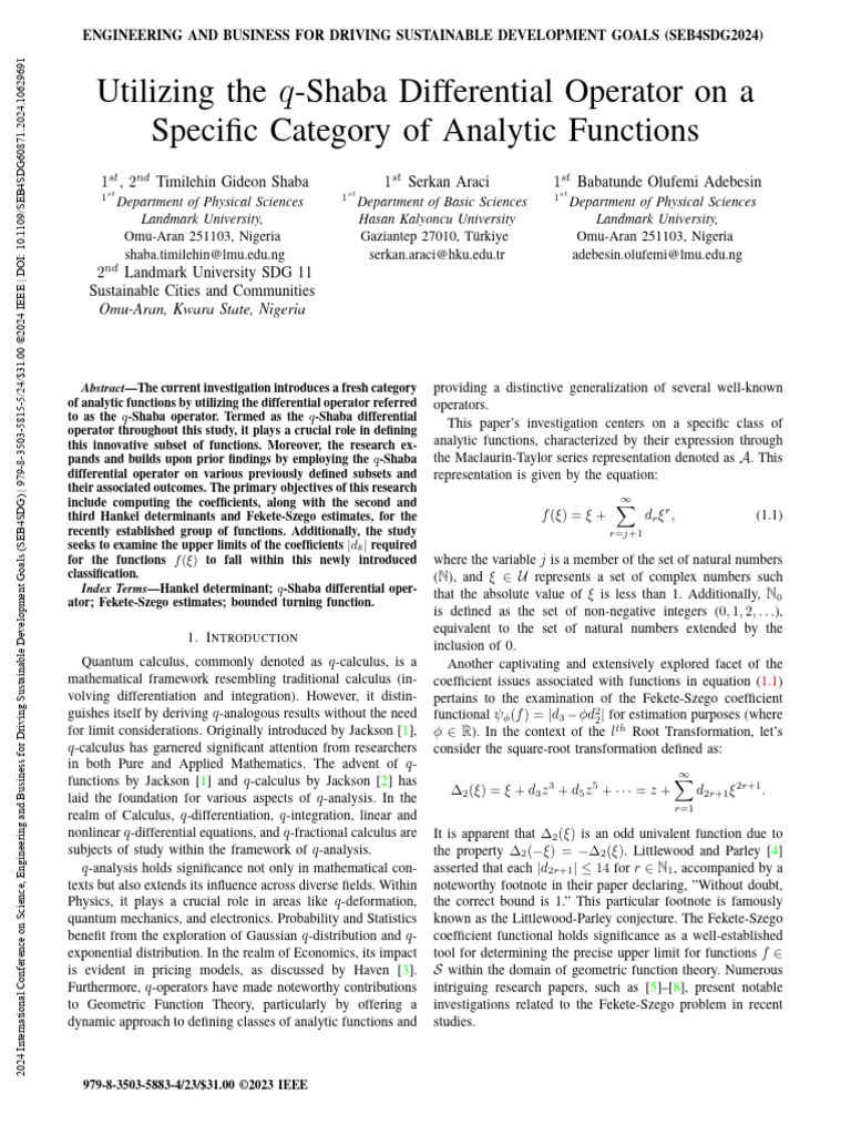Utilizing The Q-Shaba Differential Operator On A Specific Category of Analytic Functions | PDF ...