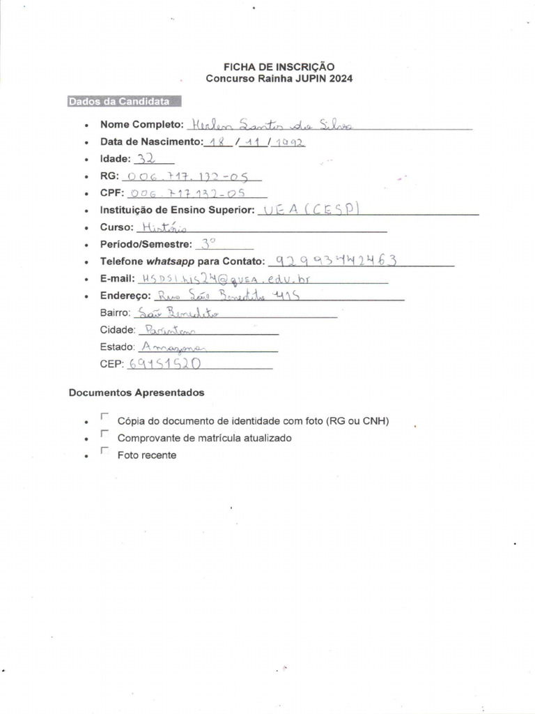 Ficha de Inscricao Helen | PDF