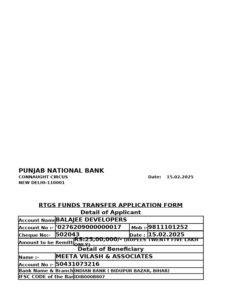 PNB RTGS Funds Transfer Application Form | PDF