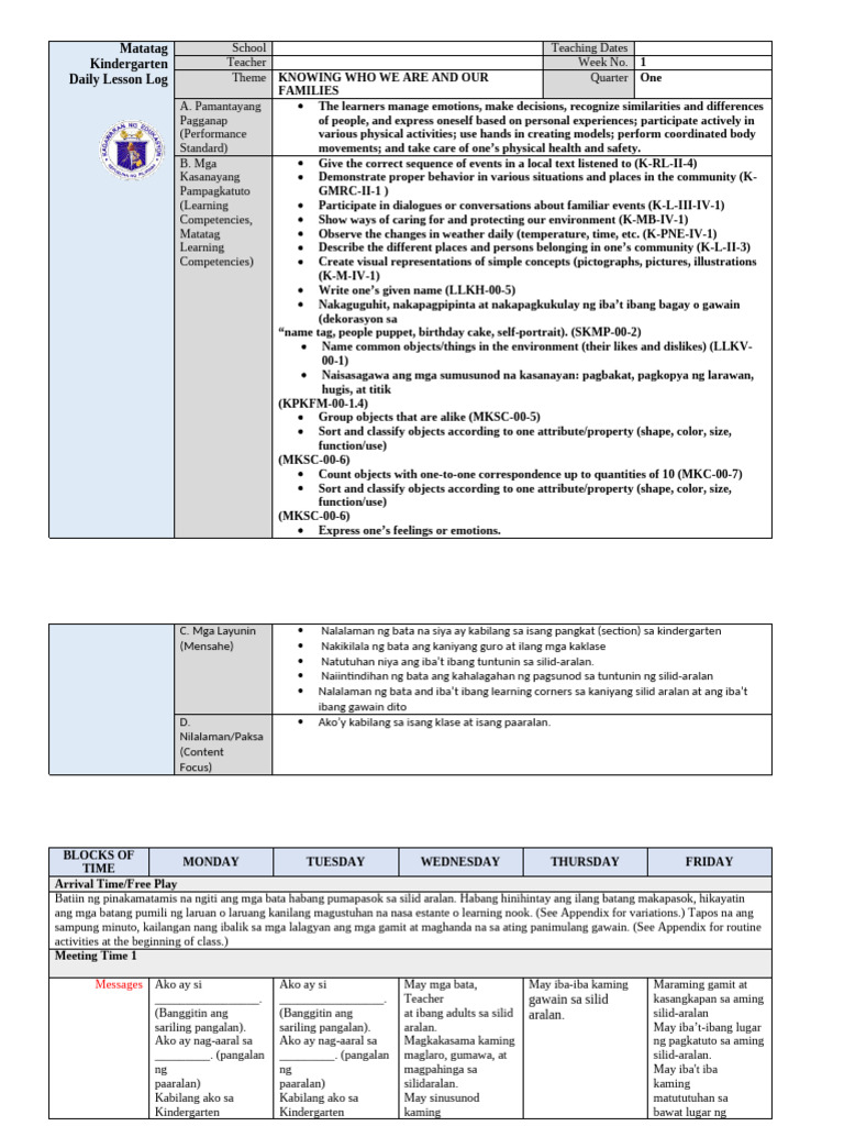 Kindergarten DLL MATATAG Q1 Week - 1 | PDF