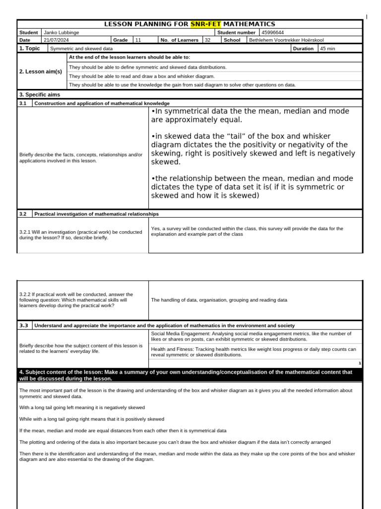 Lesson Planning Template SNR-FET Mathematics 2024 | PDF | Skewness ...
