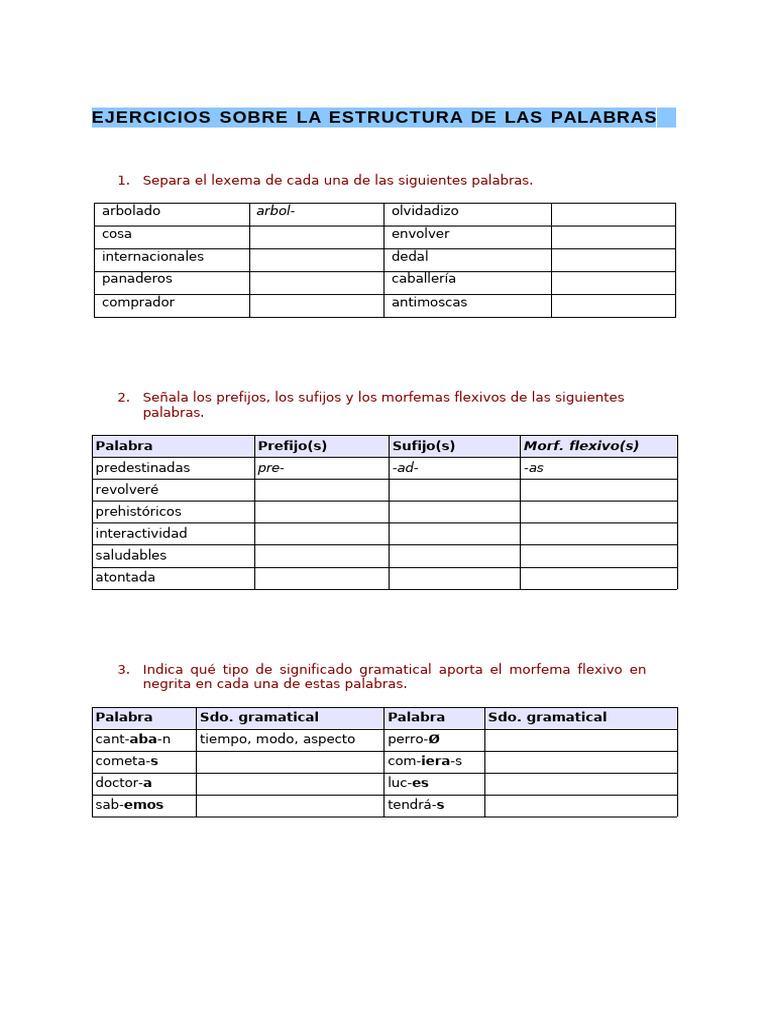 La Estructura de Las Palabras (Ejercicios | PDF