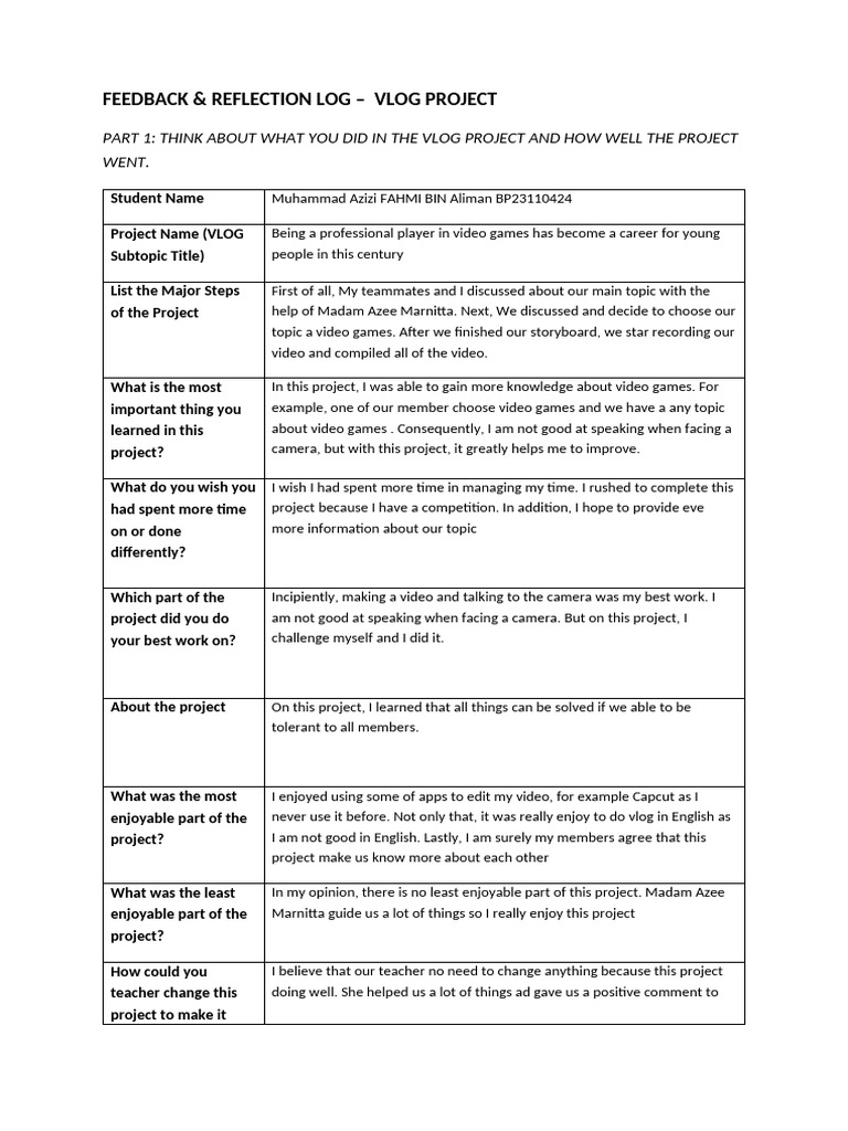 FEEDBACK REFELCTION LOG Azizi | PDF