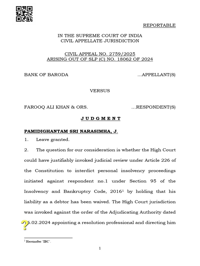 Bank of Baroda vs. Farooq Ali Khan Case | PDF | Bankruptcy | Adjudication