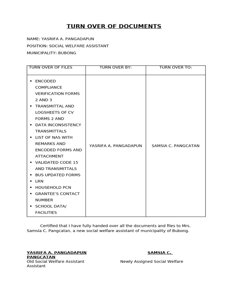 Turn Over of Documents | PDF