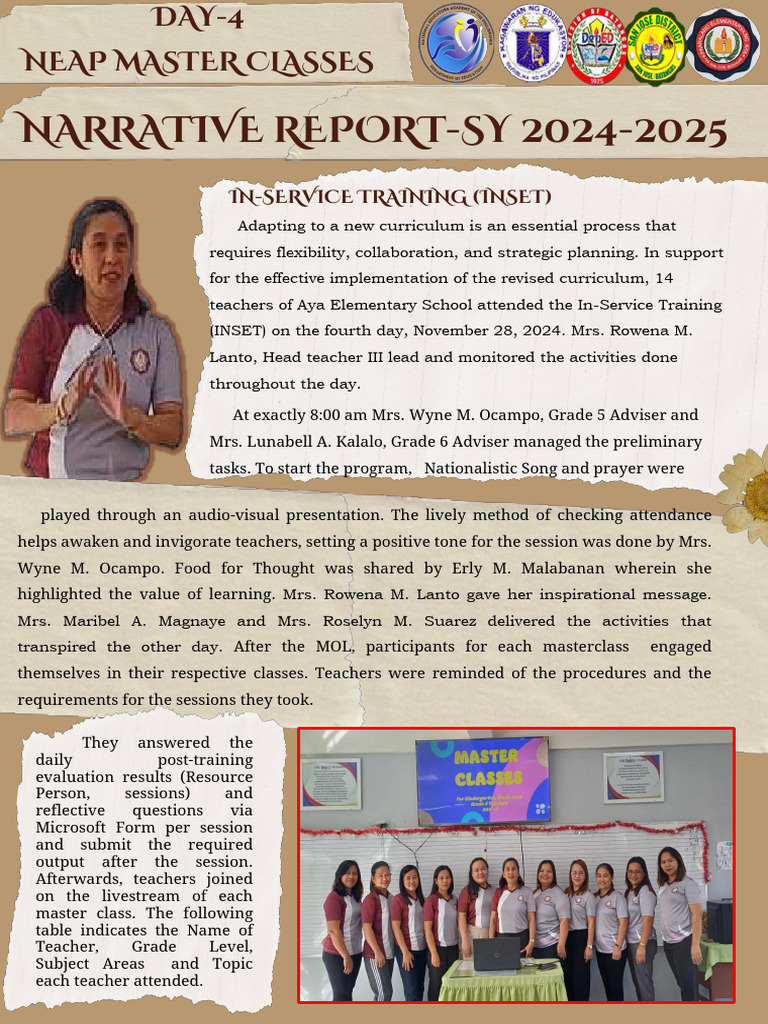 Narrative Report Inset Master Class Grade 4 | PDF | Teachers | Curriculum