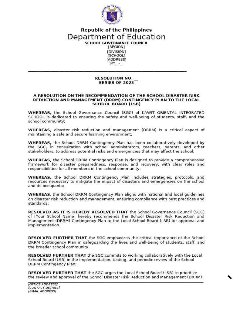 A Resolution On The Recommendation of The School Disaster Risk Reduction and Management DRRM ...