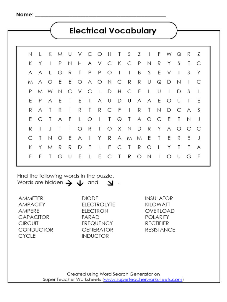 Super Teacher Worksheets Electrical Vocabulary | PDF | Rectifier | Electric Current