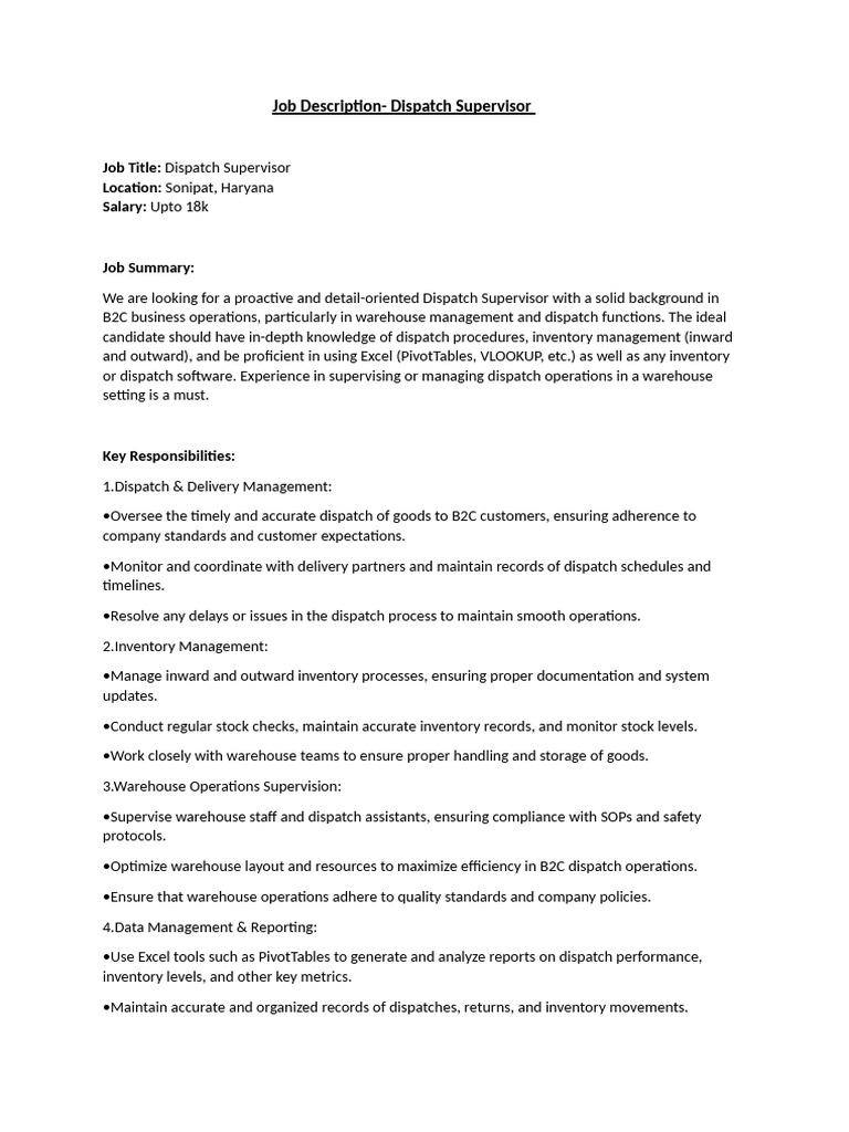 JD - Dispatch Supervisor | PDF | Warehouse | Inventory