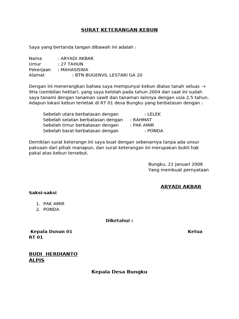 SURAT KETERANGAN KEBUN | PDF