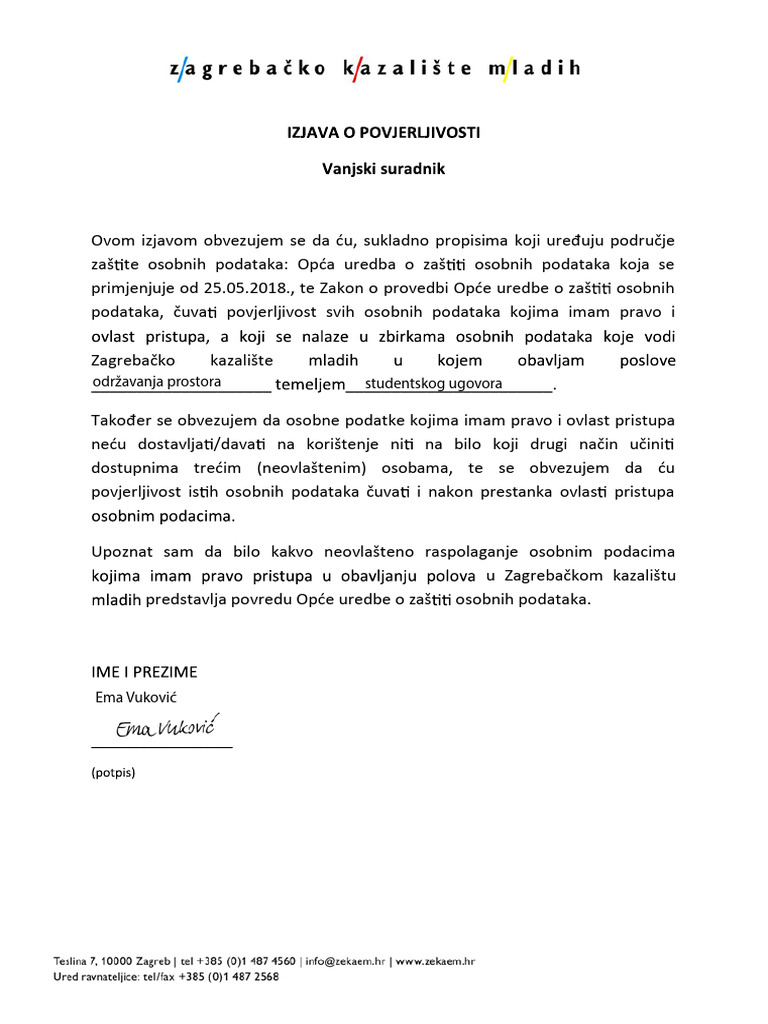 EmaVukovic Izjava Povjerljivost | PDF