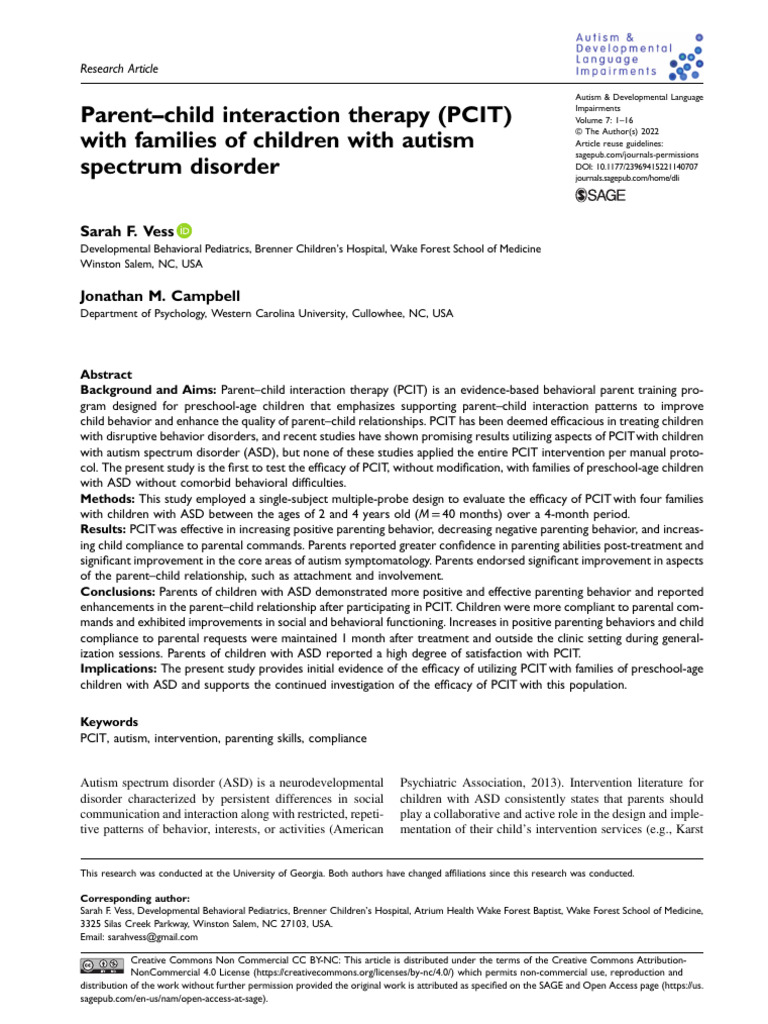 Parentchild Interaction Therapy (PCIT) With Families of Children With Autism Spectrum Disorder ...