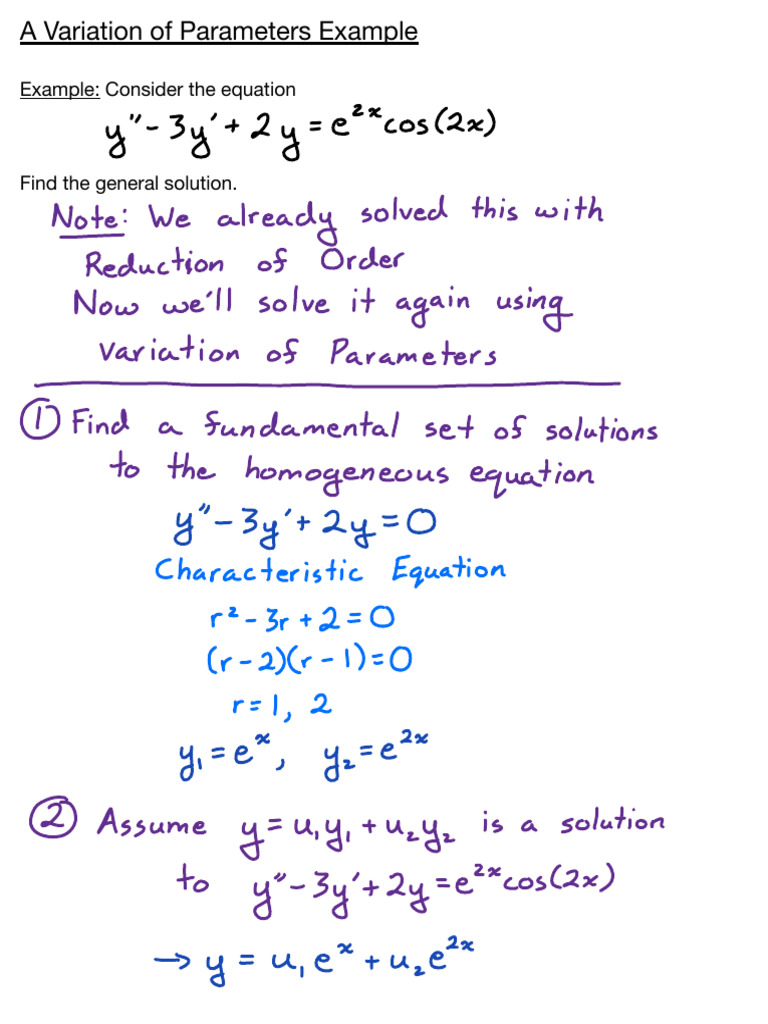 DiffEQ Section 5.7, Part 2 - A Variation of Parameters Example Blank | PDF