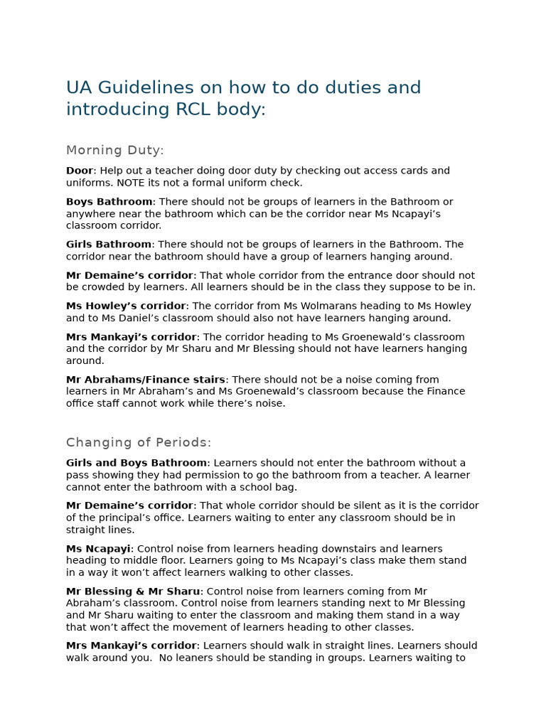 Guidelines of Duties & Introduction of RCL | PDF | Classroom | Teachers