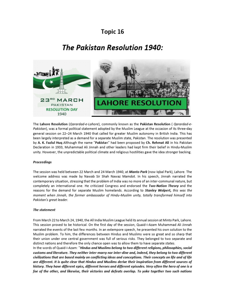 Topic 15-Pak - Resolution 1940-4 | PDF | Muhammad Ali Jinnah | All ...