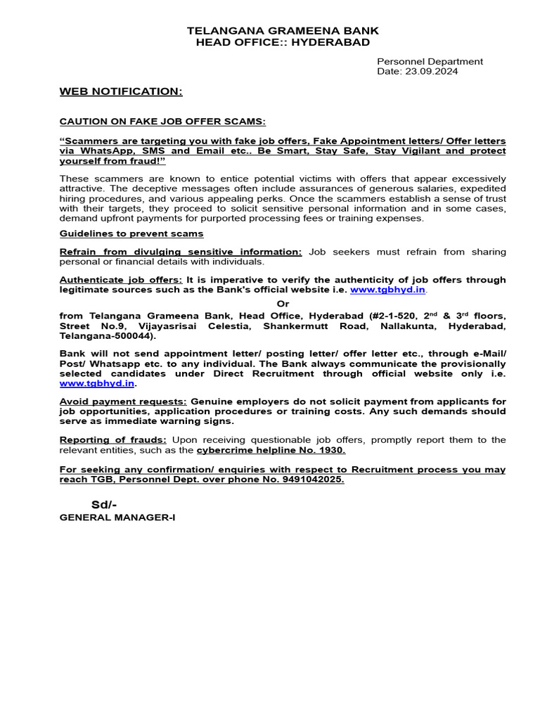 Web Notification Caution On Fake Job Offer Scams | PDF