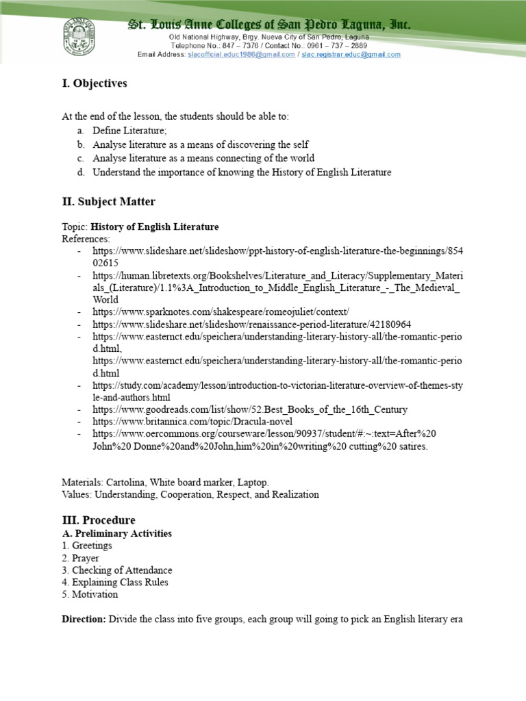 Prelim Lesson Plan | PDF | Dracula | Romanticism