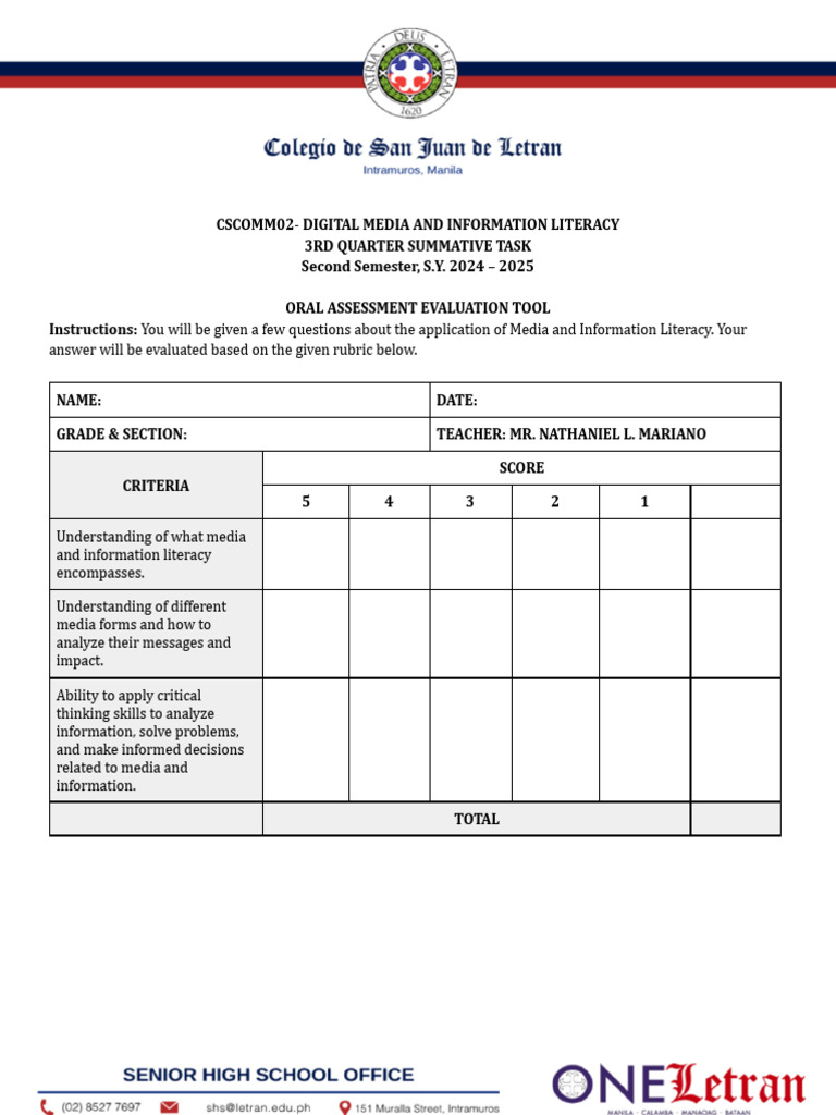 CSCOMM02 - ORAL ASSESSMENT EVAUATION SHEET - 3rd Quarter 24-25 | PDF