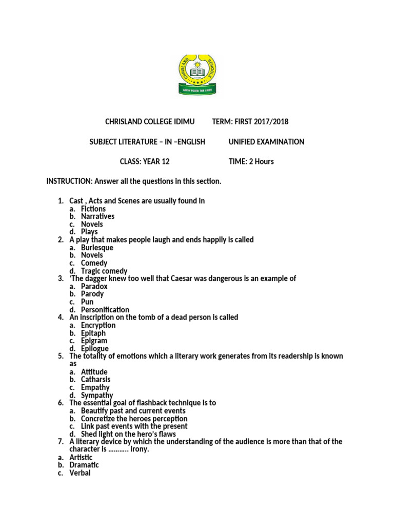 LITERATURE EXAMINATION QUESTIONS YEAR 12 2018 | PDF | Othello