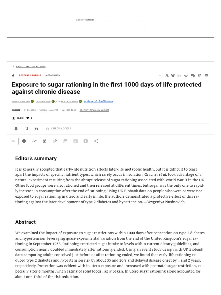 Exposure To Sugar Rationing in The First 1000 Days of Life Protected ...