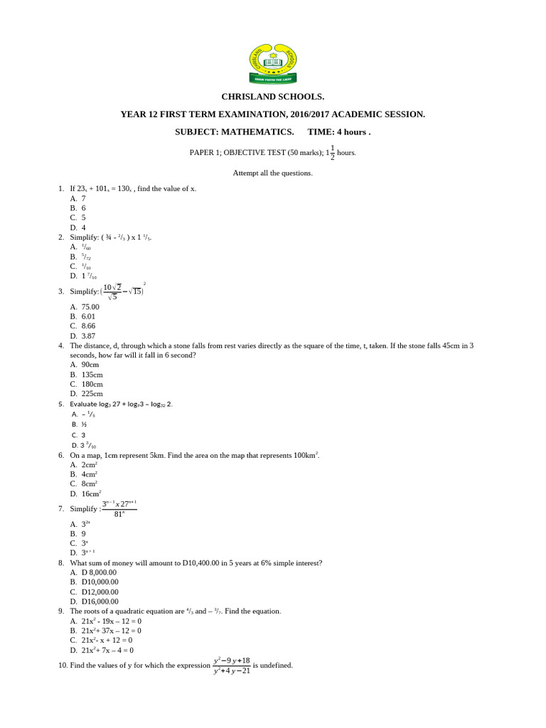 YEAR 12 MATHS FIRST TERM EXAM 2016-2017 (1) | PDF | Mathematics | Geometry