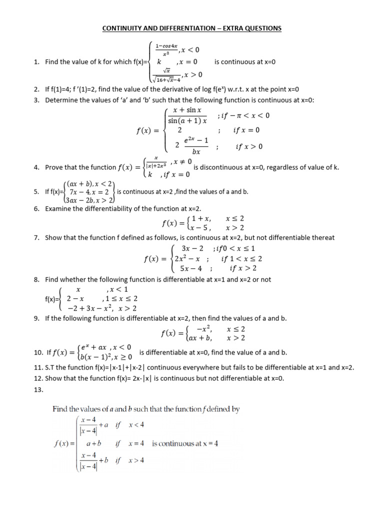 Continuity and Differentiation - Extra Questions | PDF | Mathematical Analysis | Functions And ...