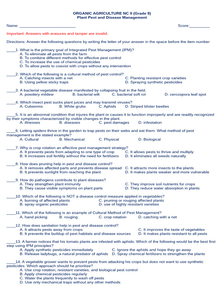 Organic Agriculture Pest Management Quiz | PDF | Pest (Organism) | Pest ...