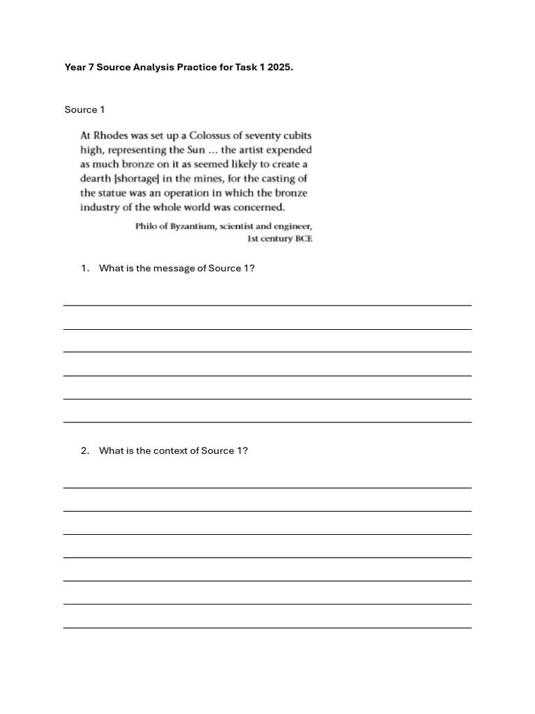 Year 7 Source Analysis Practice | PDF