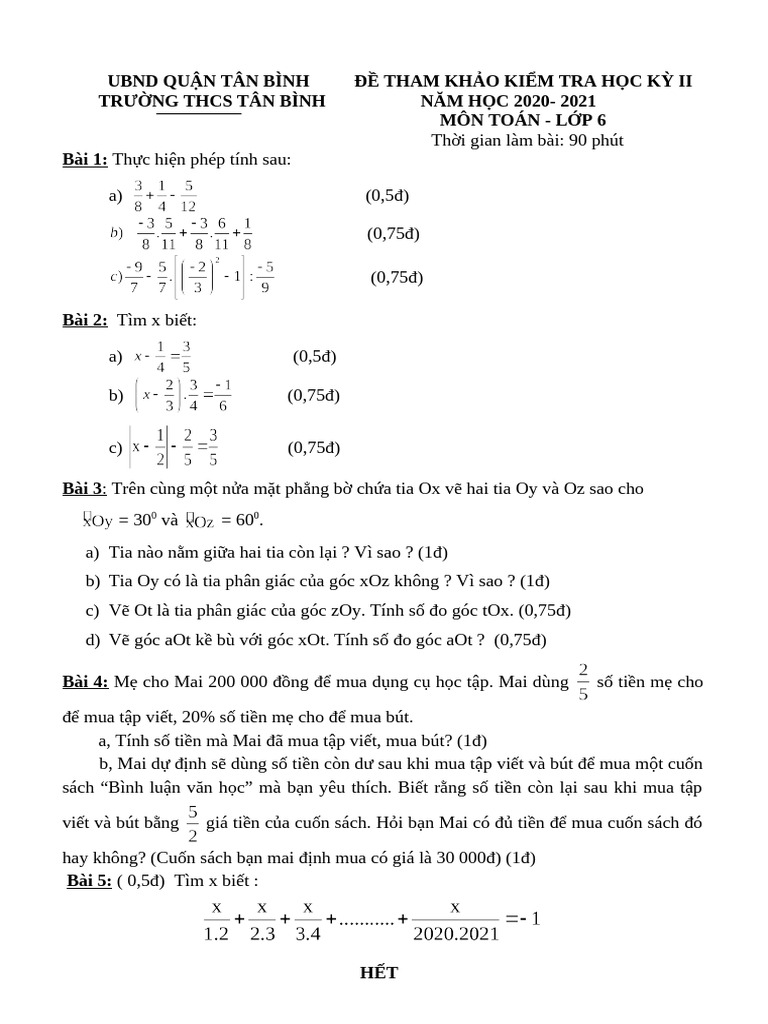 Toan 6 - TB - de TK HK2 - 2020 - 2021 | PDF