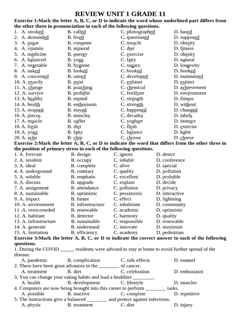 Grade 11 Unit 1 Review Exercises | PDF | Infection