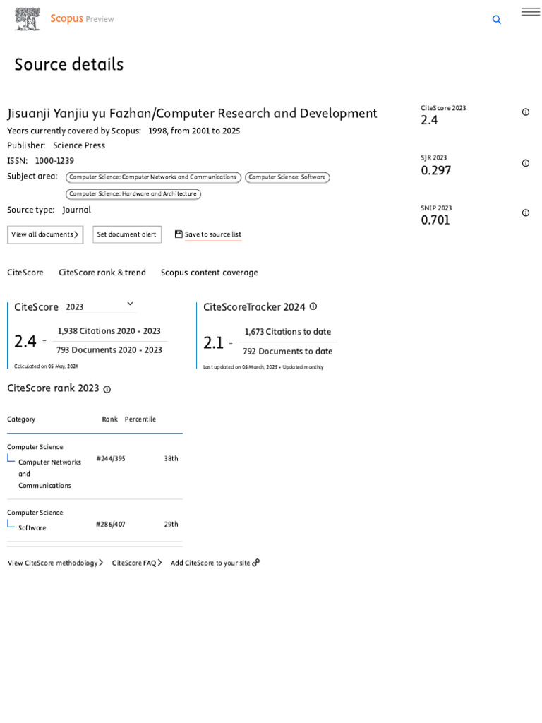 Scopus Preview - Scopus - Jisuanji Yanjiu Yu Fazhan - Computer Research and Development | PDF